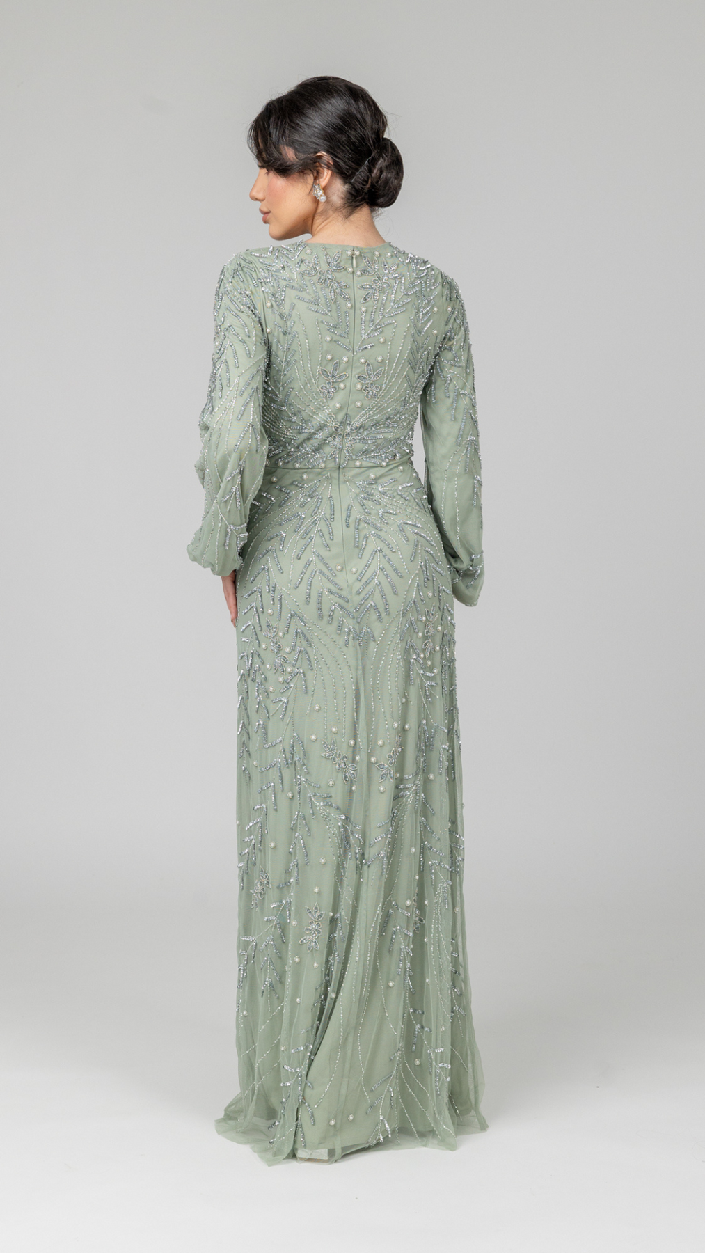 Sage Pearl Evening Dress With Balloon Sleeve - Shimmi Dresses