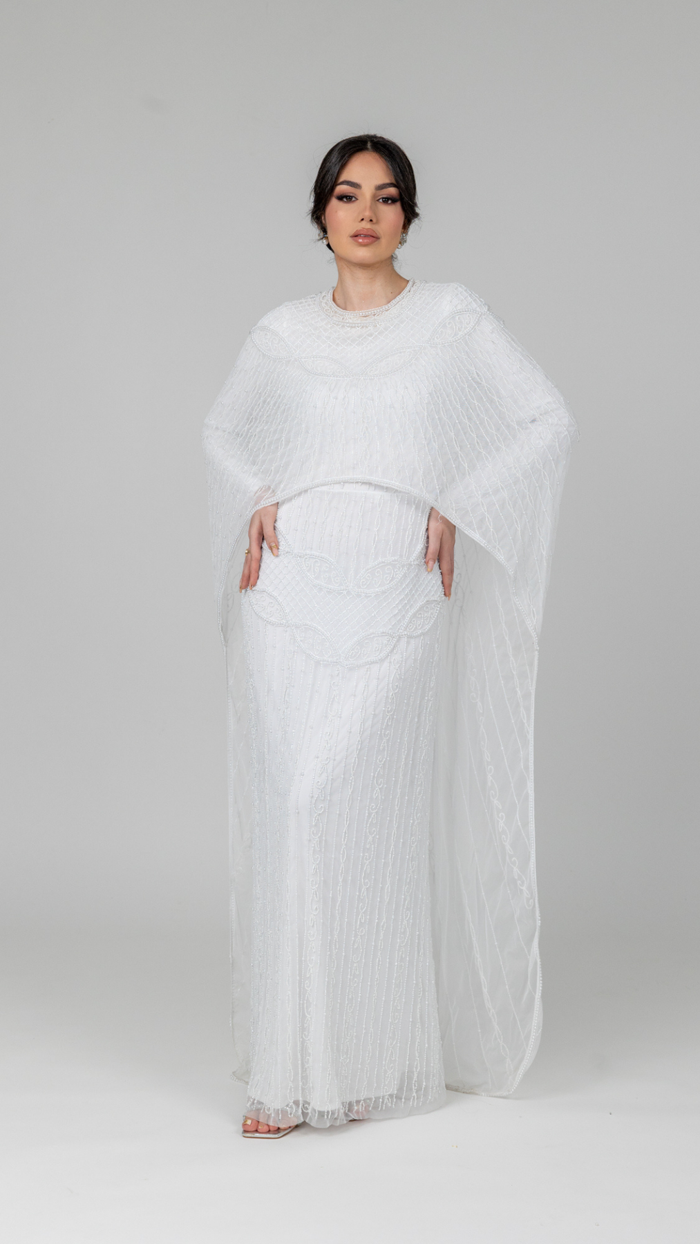 Bridal White Embellished Cape Gown – Shimmi Dresses