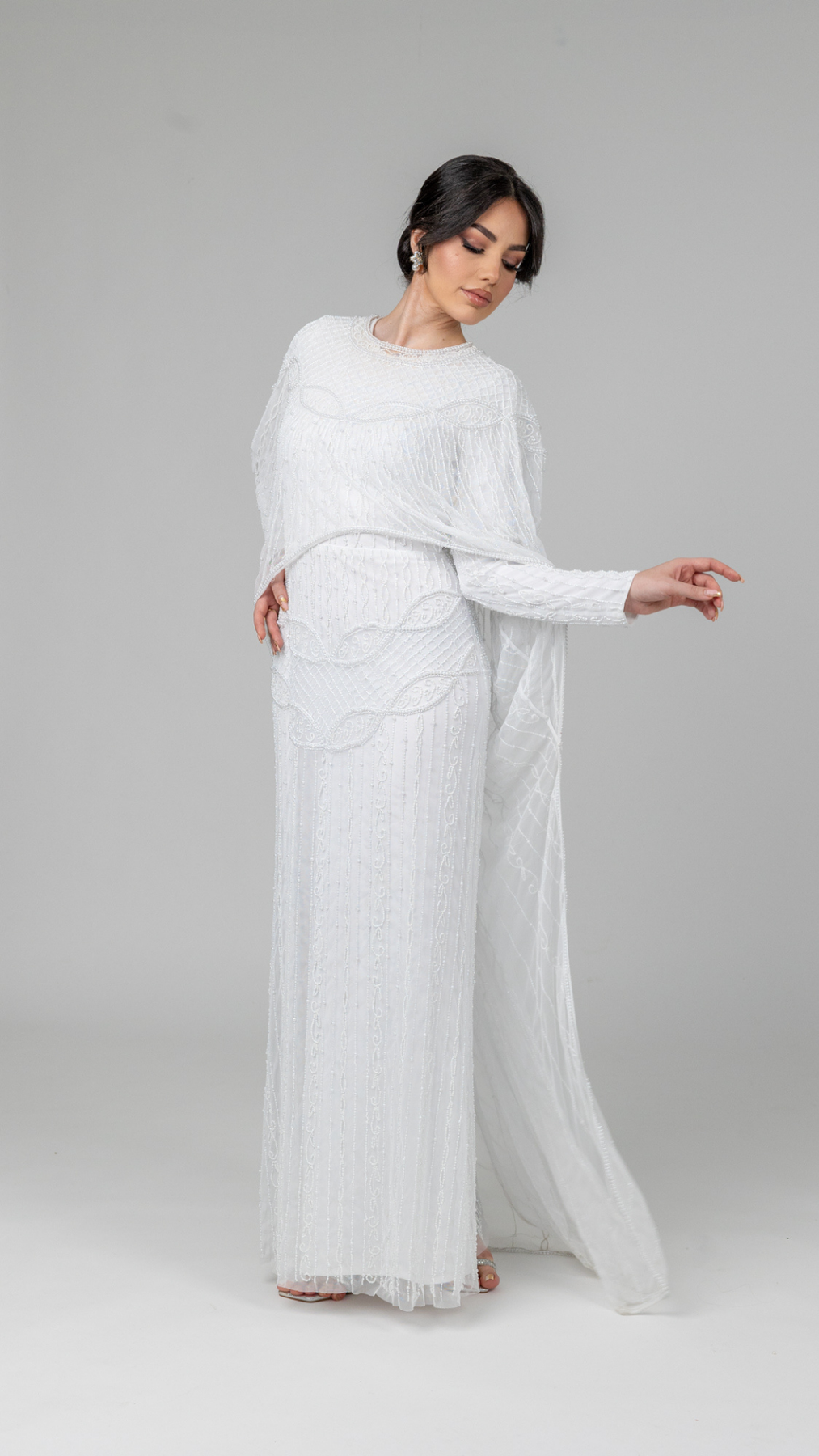 Bridal White Embellished Cape Gown – Shimmi Dresses