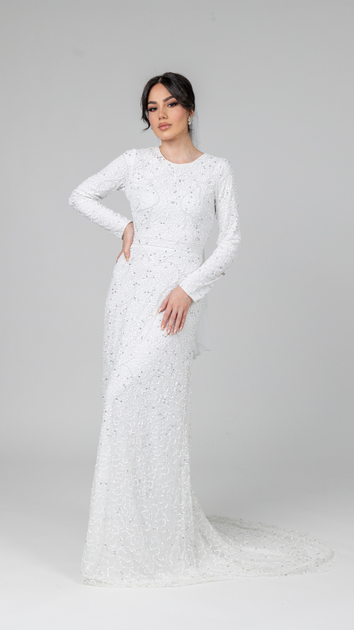 White Pearl Evening Dress With Trail – Shimmi Dresses