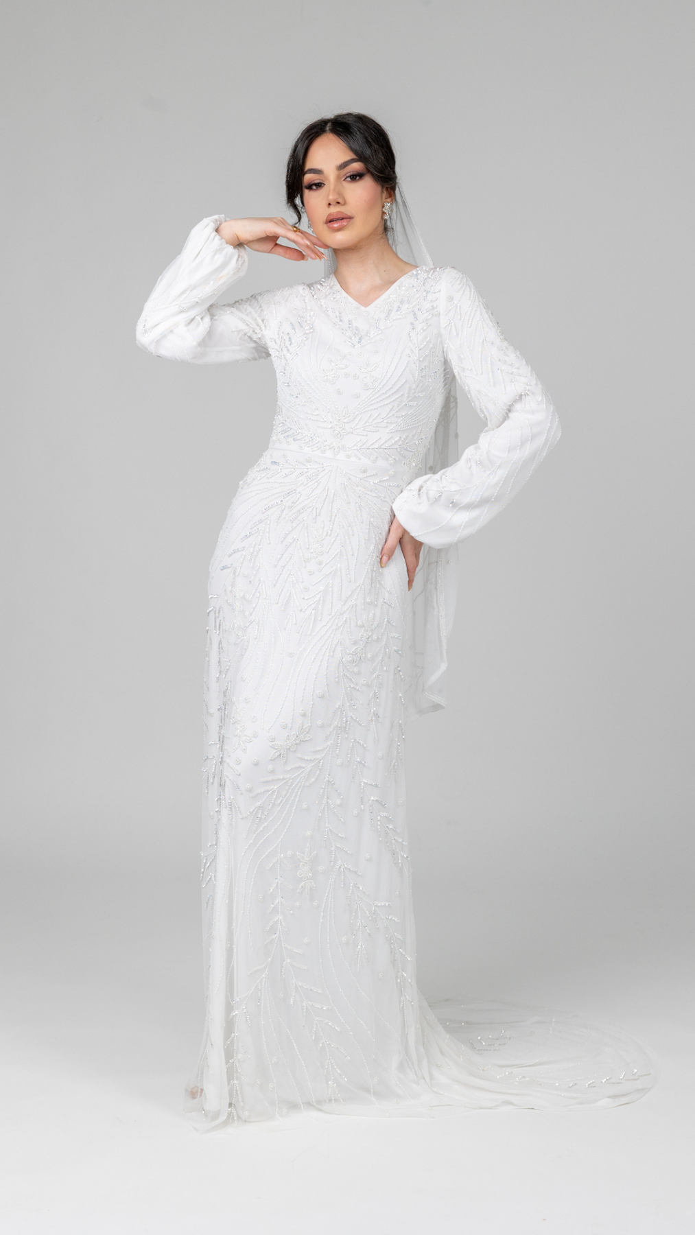 White Pearl Bridal Evening Dress With Balloon Sleeve - Shimmi Dresses