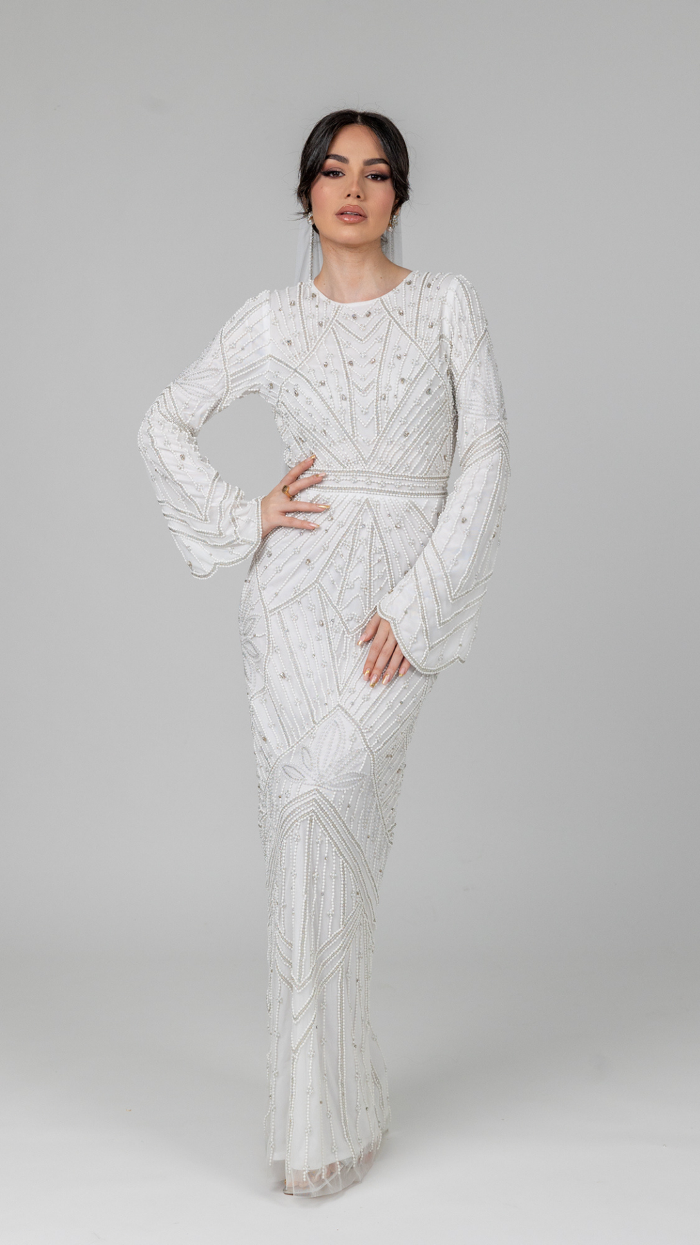 White Pearl Bridal Gown With Dramatic Sleeves – Shimmi Dresses